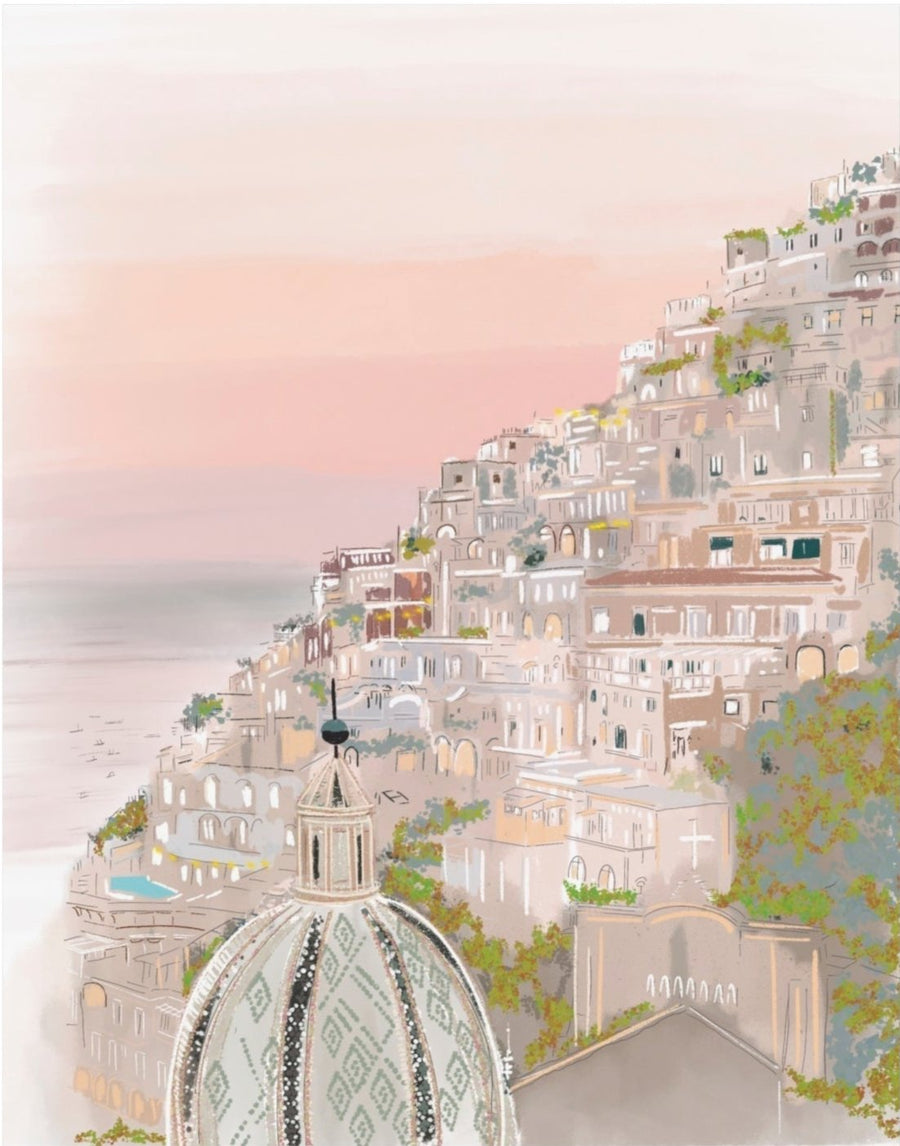 Positano Sunset Art Print | Amalfi Coast Illustration by Rebecca ...